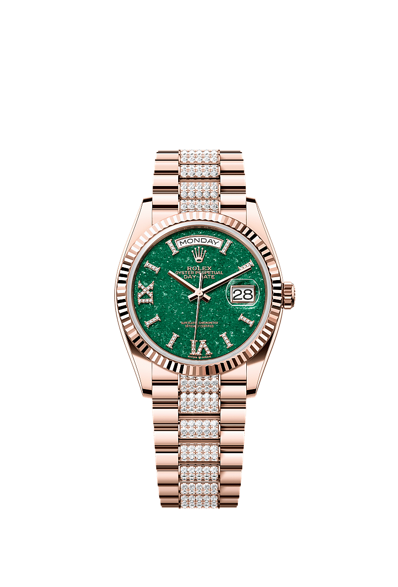 Rolex Rose Gold Day-Date - 36mm - Green aventurine Round Diamond Bezel ...