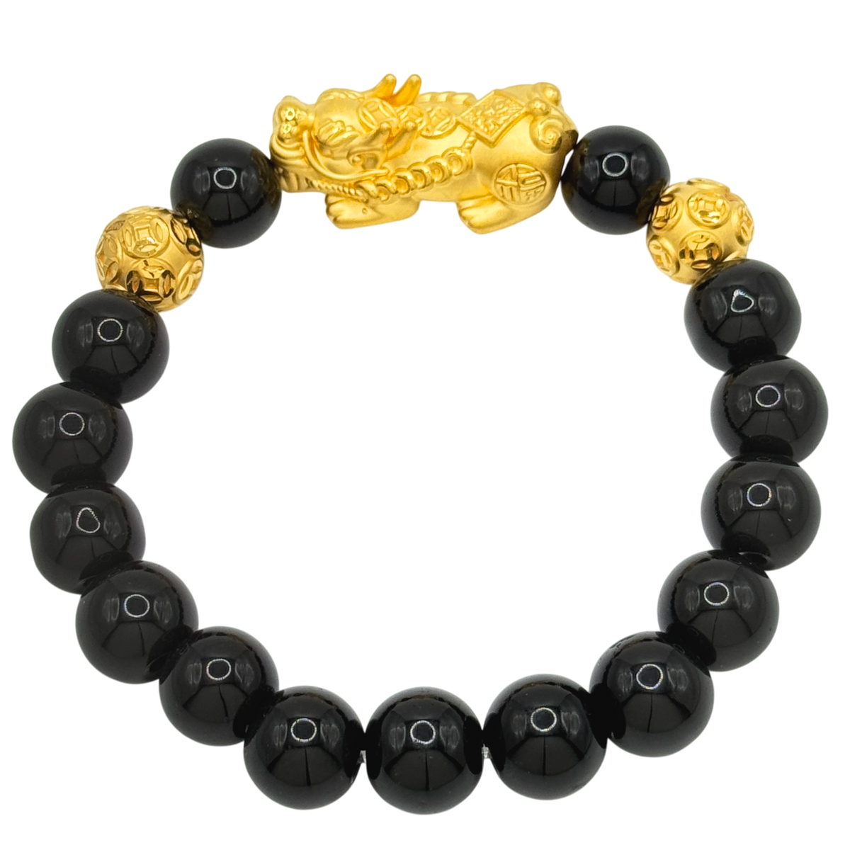24K Yellow Gold Pi Xiu w/ Money Coin Balls Black Obsidian Bead Bracele ...